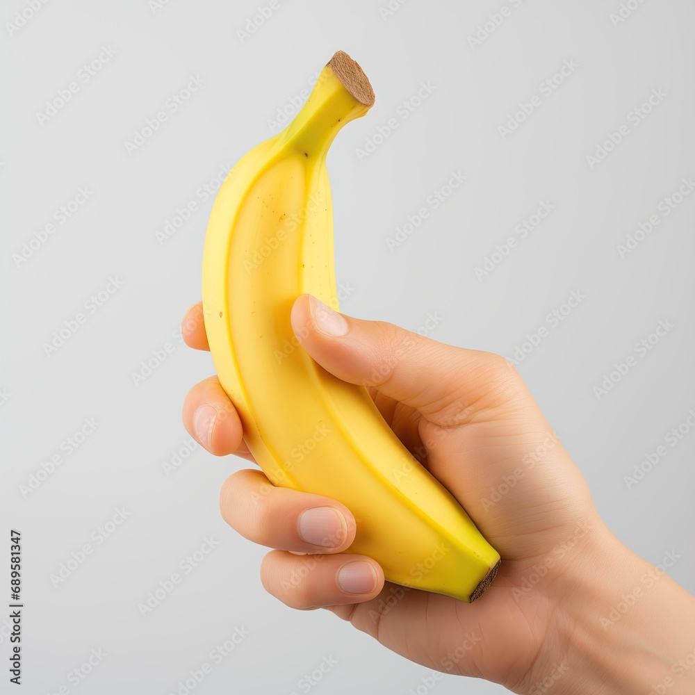 A hand holding up a banana on a grey background. A male hand holding a ...
