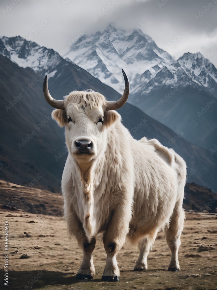 portrait of yak yak in the himalayan mountains,artary ox, grunting ox, or hairy cattle, is a ...