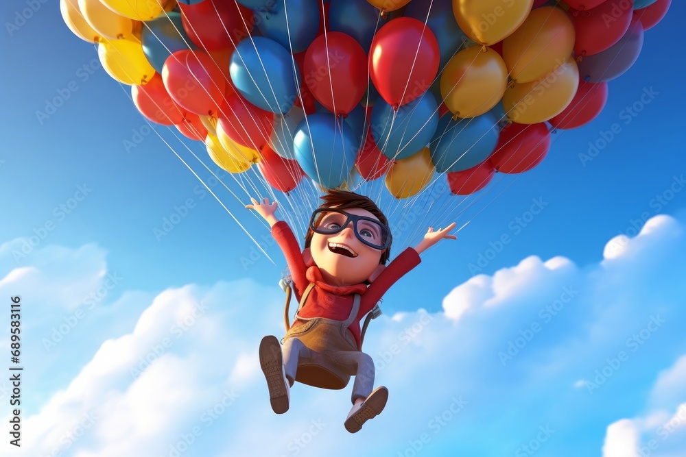 Happy kid boy having fun flying up with air ballons. Funny child ...