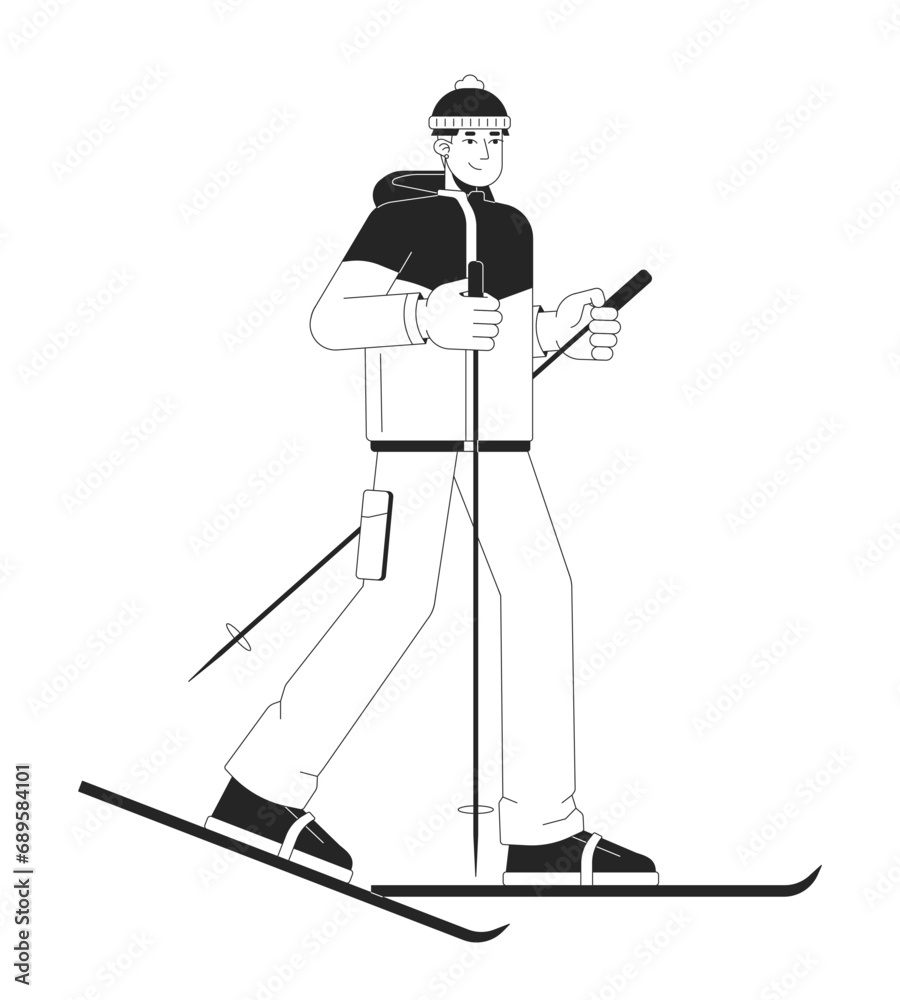 Asian young adult man skier using ski poles black and white 2D line ...
