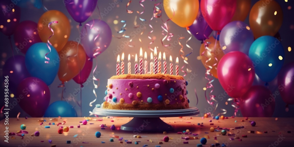 Happy birthday cake with candles, balloons and confetti background ...