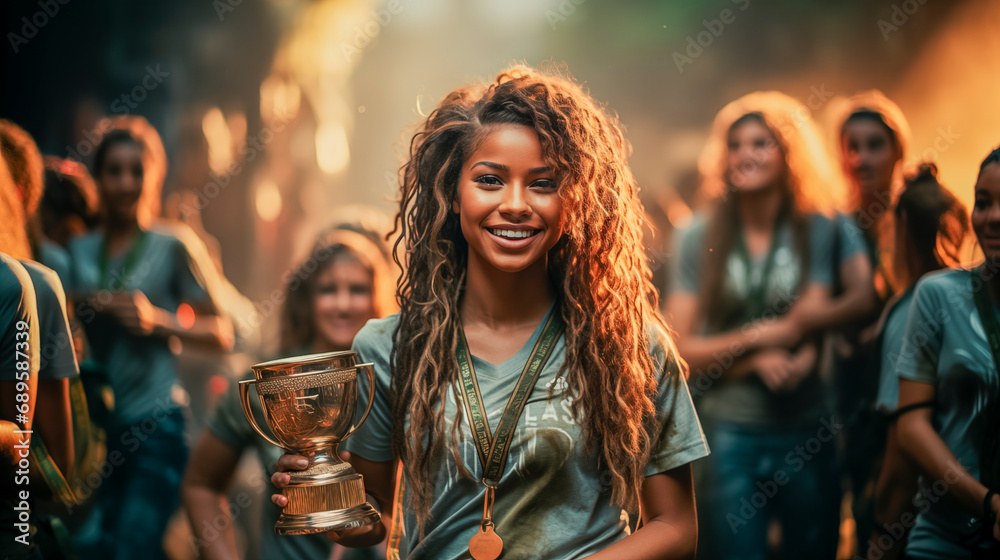 Triumphant Female Soccer Team Celebrating World Tournament Victory ...