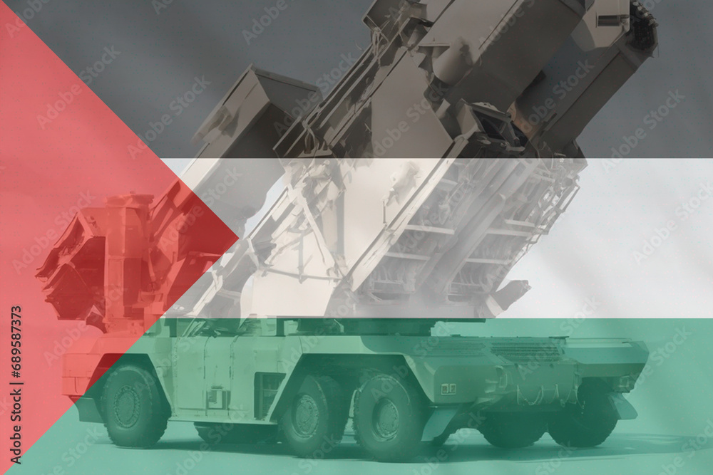 Military anti-missile system with Palestinian National Authority flag ...