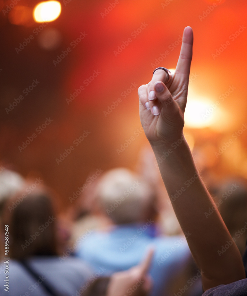 Closeup, hand and person with music festival, cheering and concert with ...