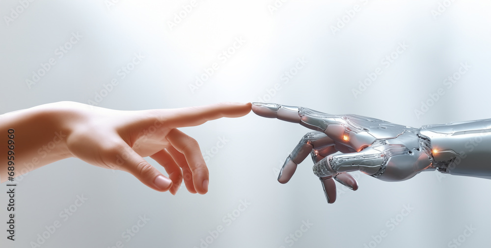 Robot hand touching human hand with finger, in connectivity and ...