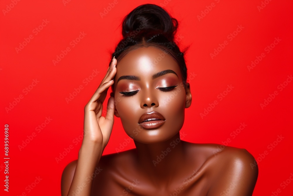 Young african beauty woman pull back hair with makeup style on face and ...