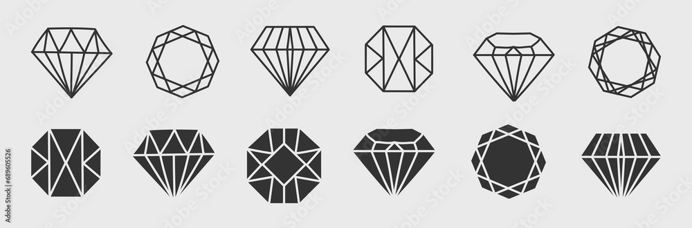 Set of diamonds in flat style. Linear outline sign. Vector icon logo ...