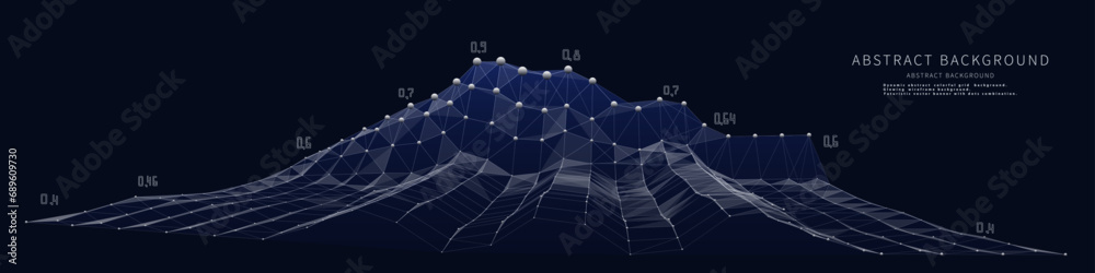 Abstract Background Noisy Poly Grid In Net From Dots And Lines And Data On Dark Blue Technology