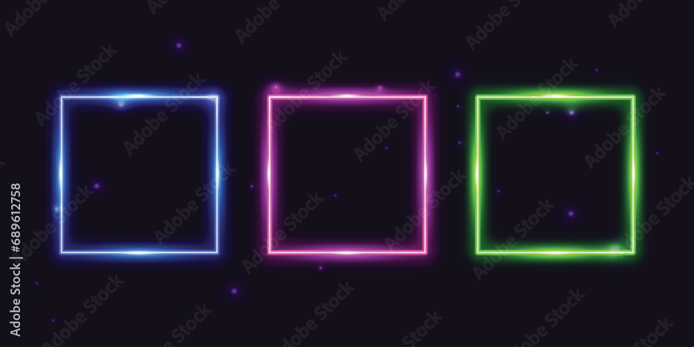 Neon Light Frame Square . Glowing blue, pink, purple and green square ...