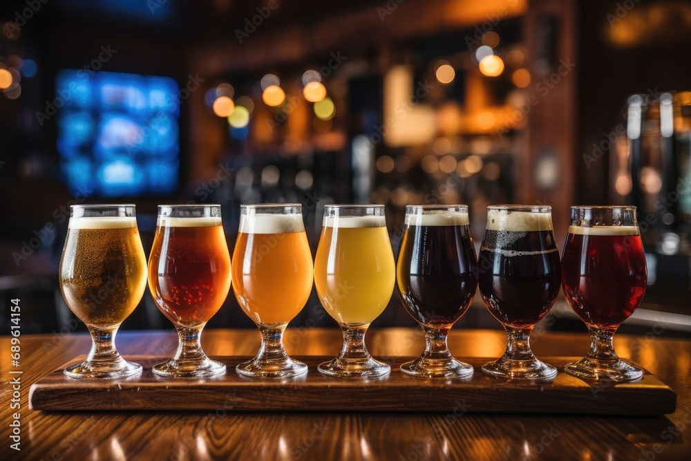 Glasses of different types of craft draught beer in glasses in pub ...