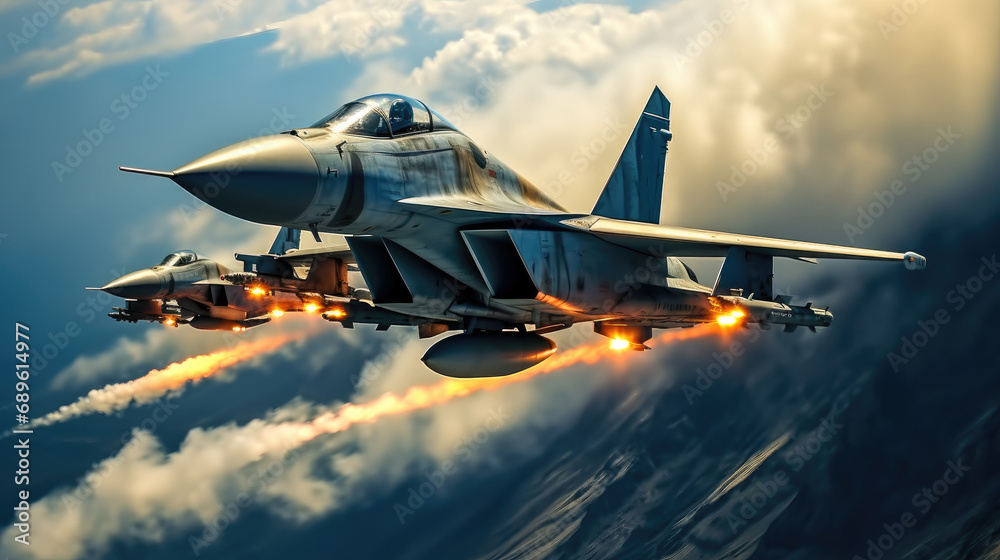 Air combat, Pair of combat fighter jet on a military mission with ...