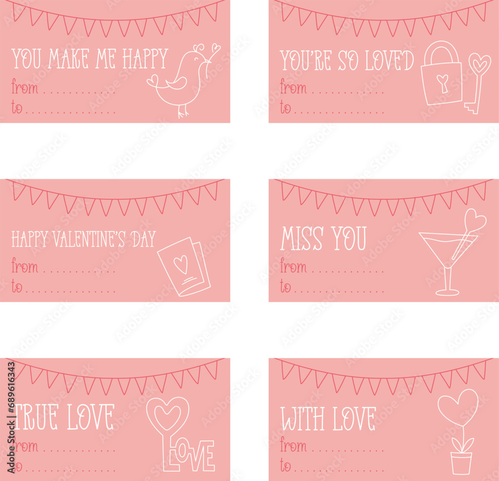 Valentines Day printable gift tags template in doodle style, hand-drawn ...