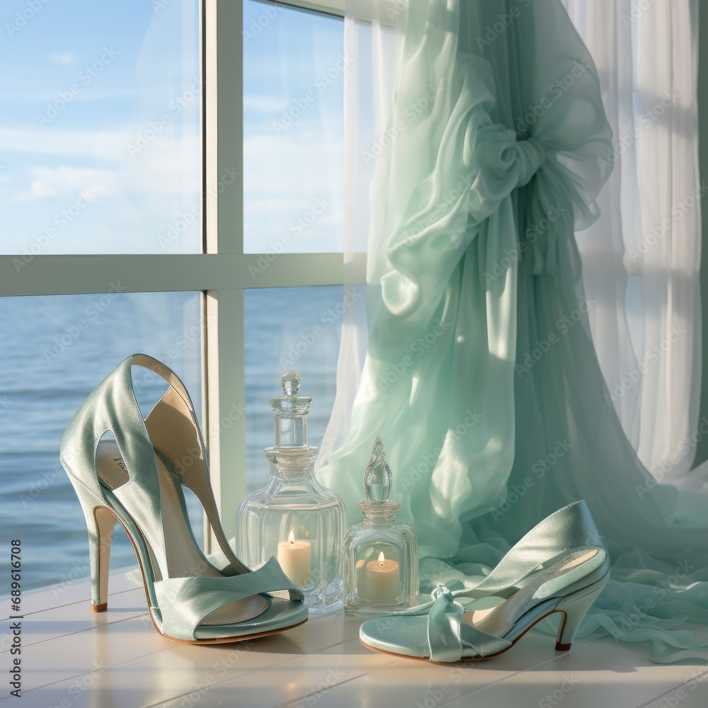 Luxurious high heel shoes with perfume bottles presented before a ...