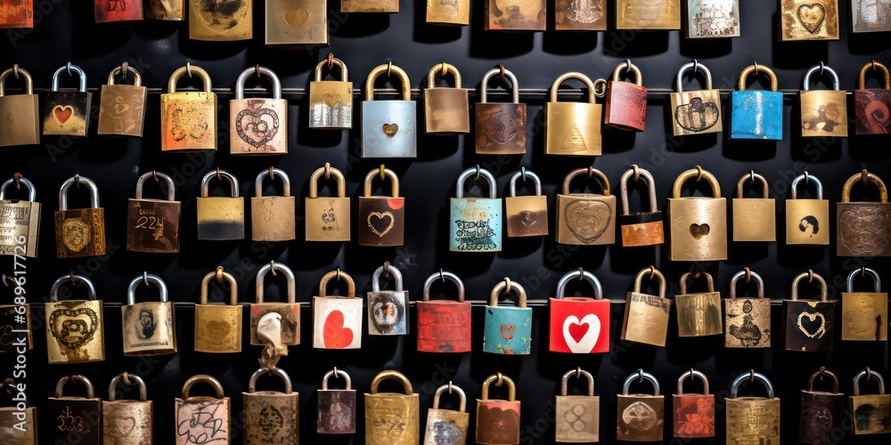 Love Locks of padlocks engraved with initials or messages, locked as a ...
