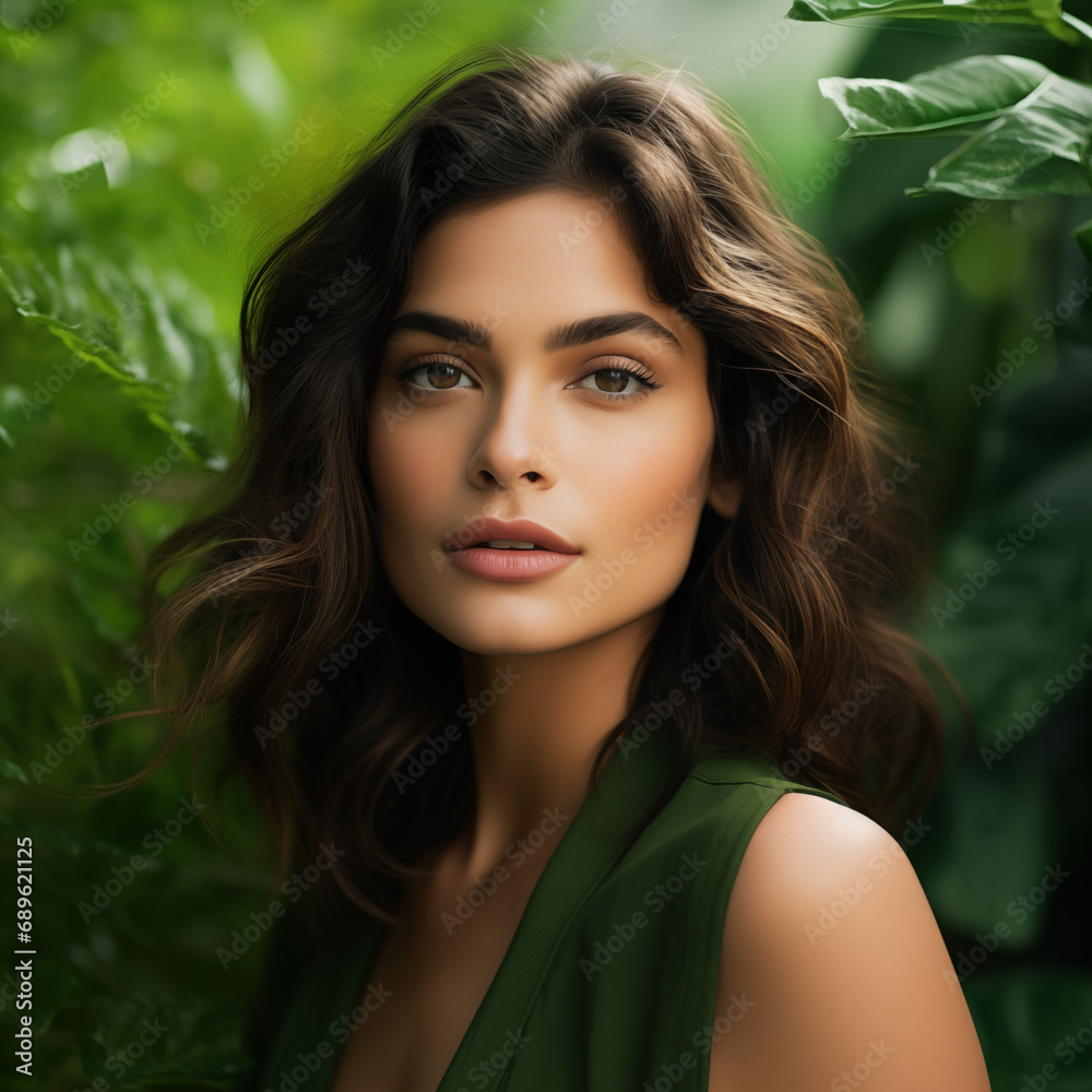 Femme aux longs cheveux bruns châtains portant une robe verte, un ...