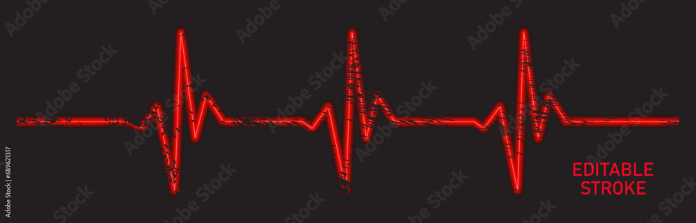 Editable line 3d heart diagram, neon red EKG, cardiogram, heartbeat ...