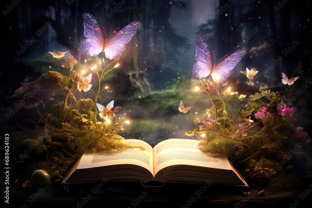 Open magic book with growing lights, magic powder, butterflies. Magic ...