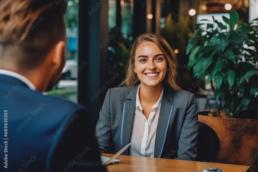 Beautiful woman at job interview in modern setting with relaxed ...