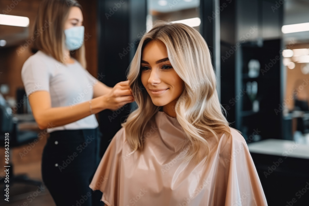 Beautiful blonde model woman in the hairdresser salon gets a fresh ...