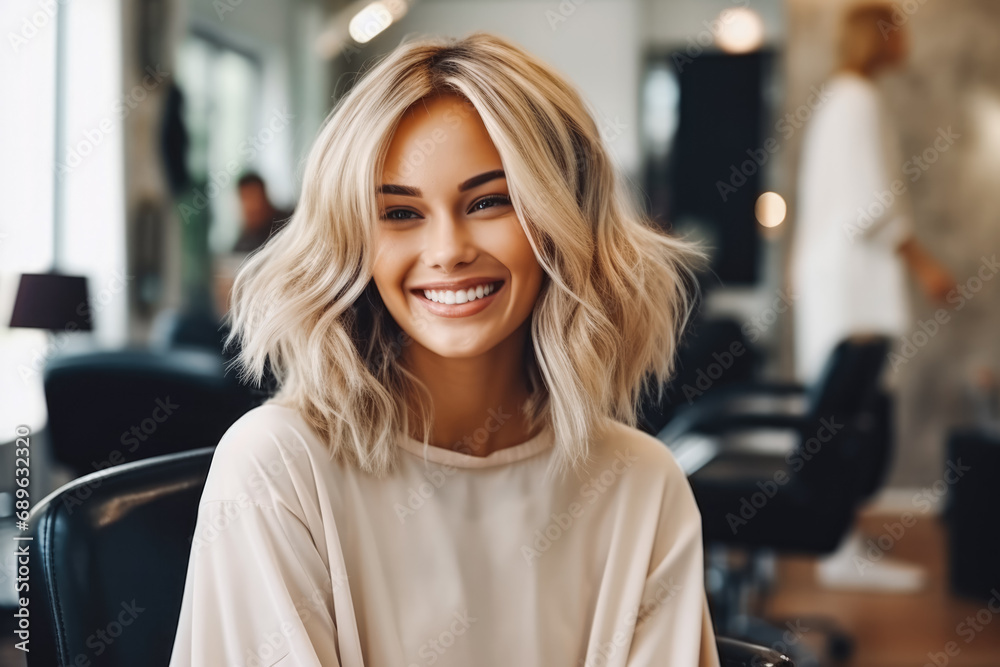 Beautiful blonde model woman in the hairdresser salon gets a fresh ...