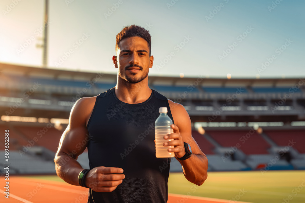 Latino male sprinter athlete on track holding and drinking cold ...