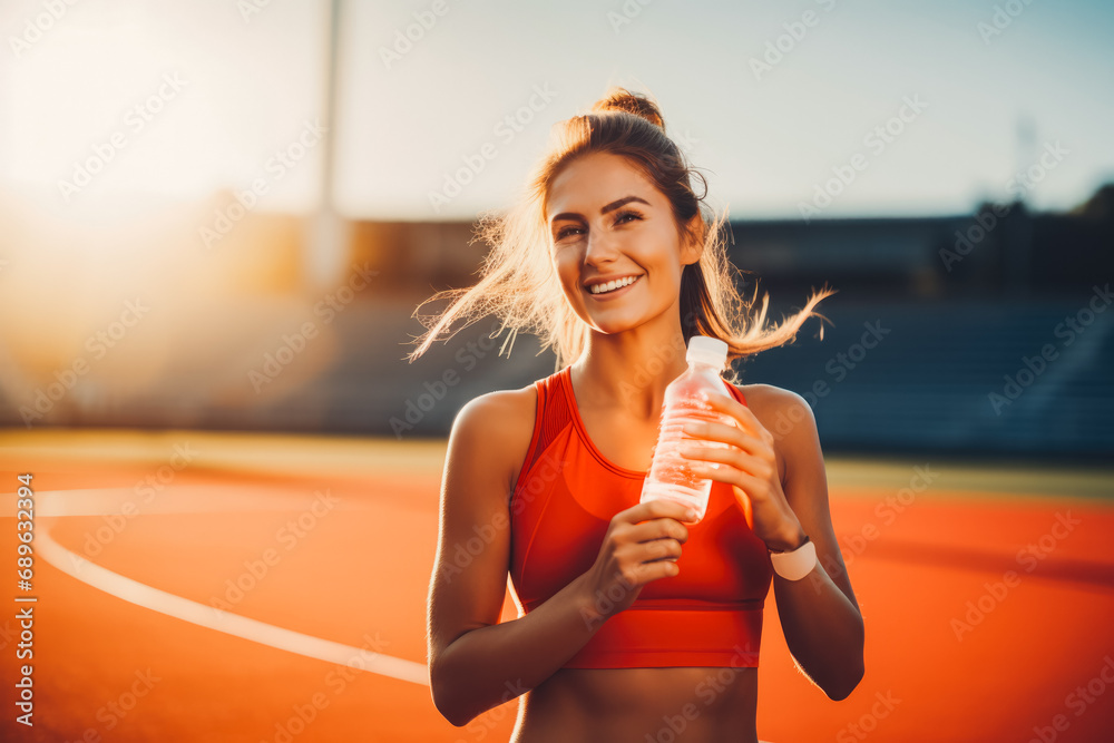 Beautiful woman sprinter athlete on track holding and drinking cold ...