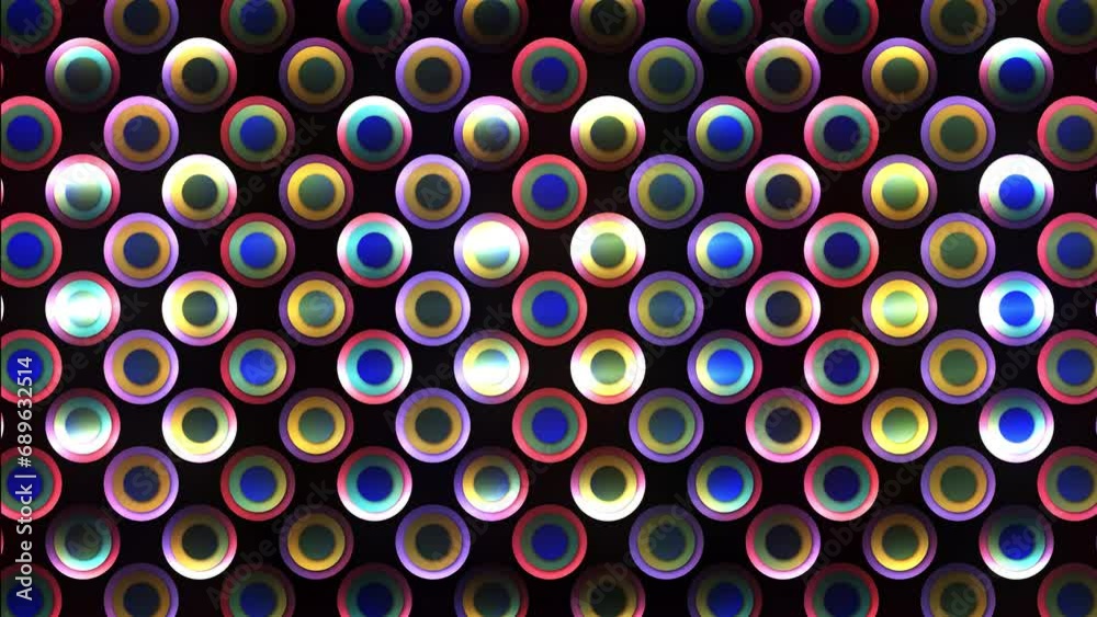 Animated background of neon circles in rainbow colors. Rainbow illusion of neon circles in rows ...