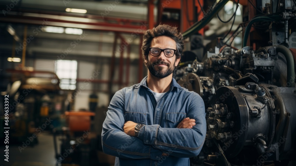 Portrait of a focused engineer smiling in an industrial setting, with ...