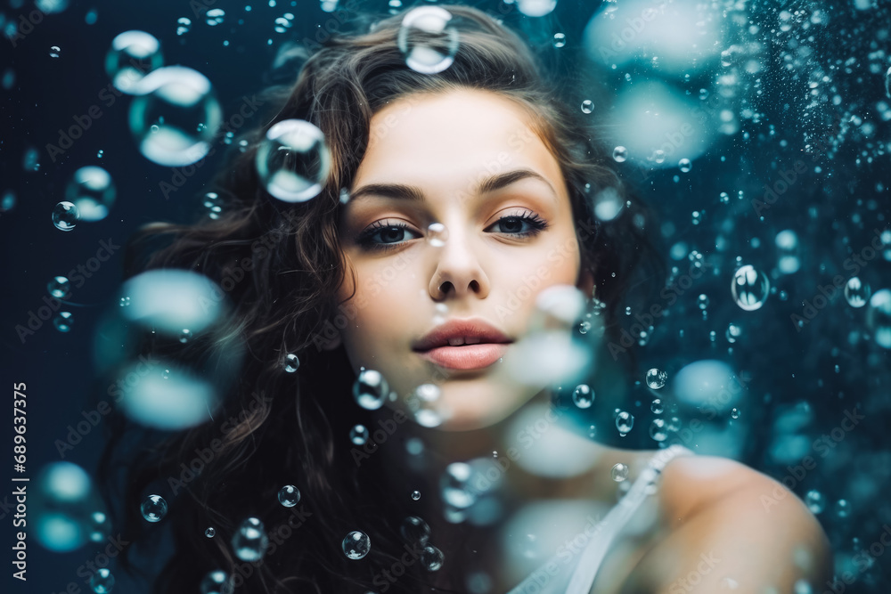 Portrait of a beautiful pretty model woman swimming under the water ...