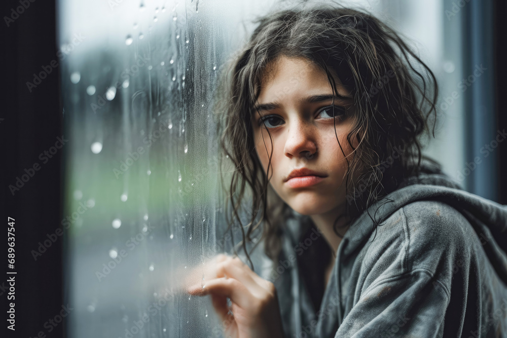 Beautiful young girl sad and depressed looking out of the window with ...