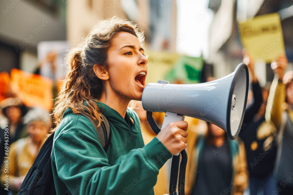 Woman shouting through megaphone on environmental protest in a crowd ...