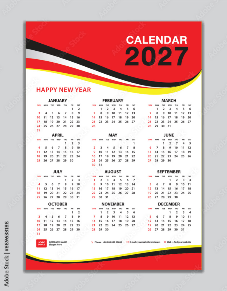 Wall calendar 2027 template, calendar 2027 design, red wave background ...