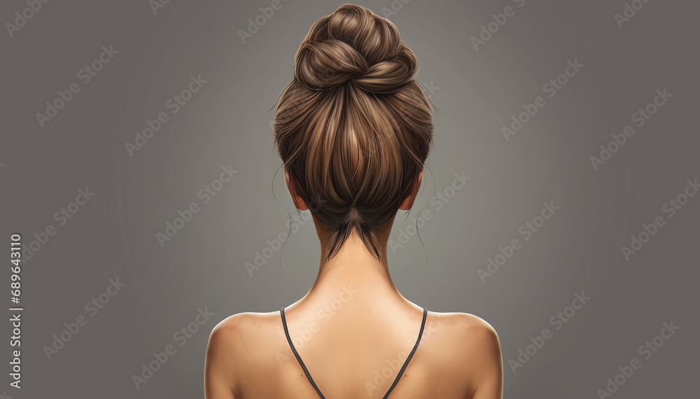 Bun hairstyles. High hair bun back rear view. Woman with brown hair in ...