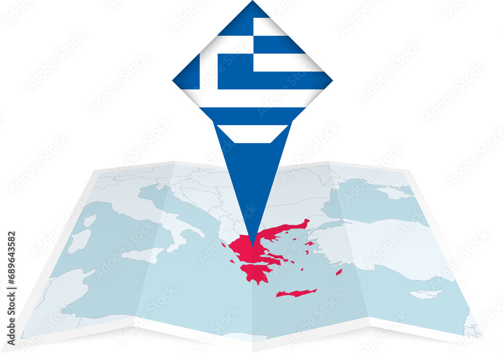 Greece pin flag and map on a folded map Stock Illustration | Adobe Stock
