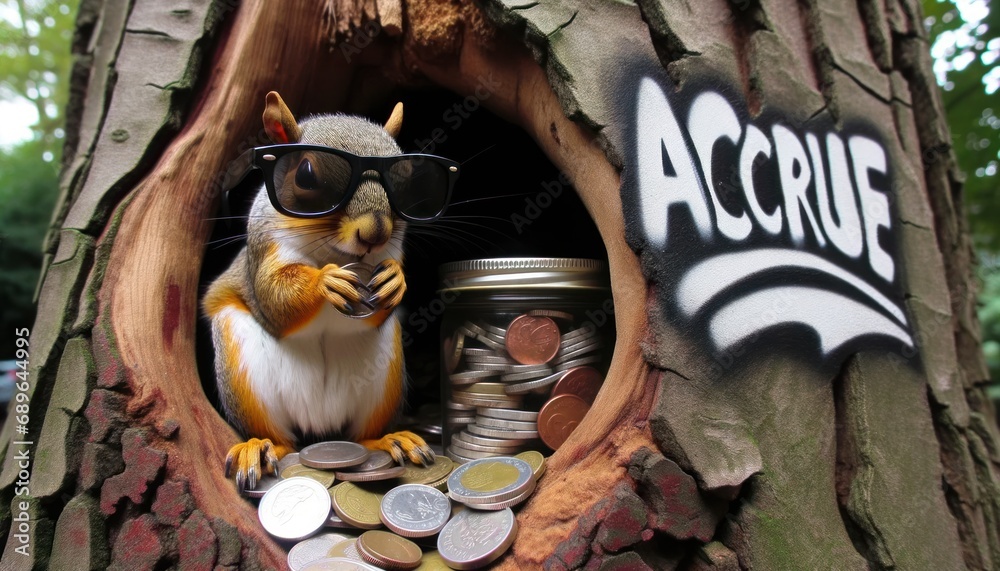 Cute squirrel with sunglasses hoarding coins inside a tree hollow, with ...