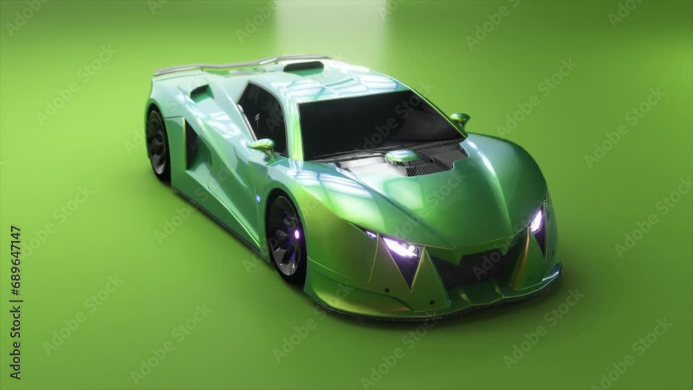 Green supercar with fluid design lines in 3D animation, presenting a ...
