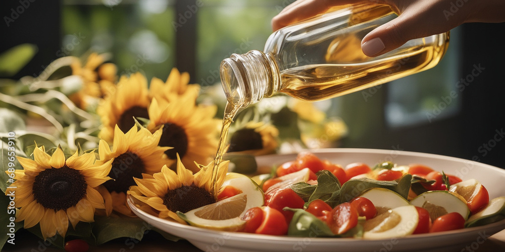 Transparent bottle of oil stands on a wooden table on of a field of ...