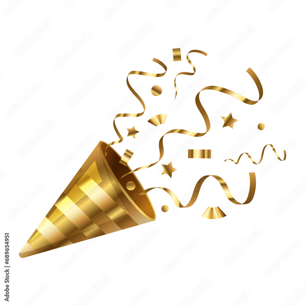 Exploding gold party popper with confetti and ribbon banner Stock ...