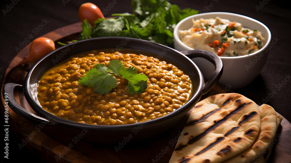 Lentils simmered in a flavorful curry sauce, served with naan. photo ...