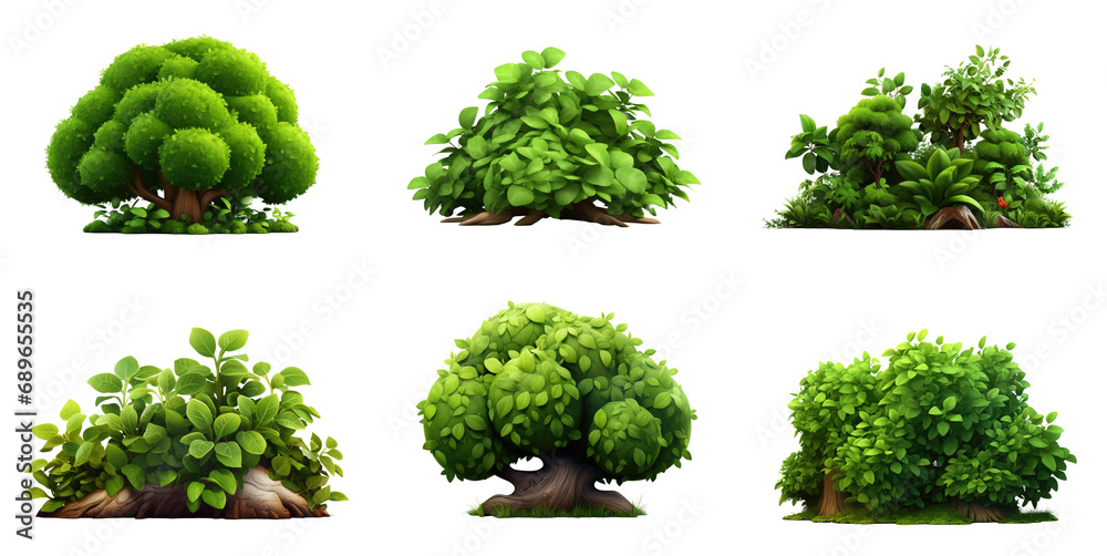 Collection of 3d cartoon clipart bush trees isolated on white and ...