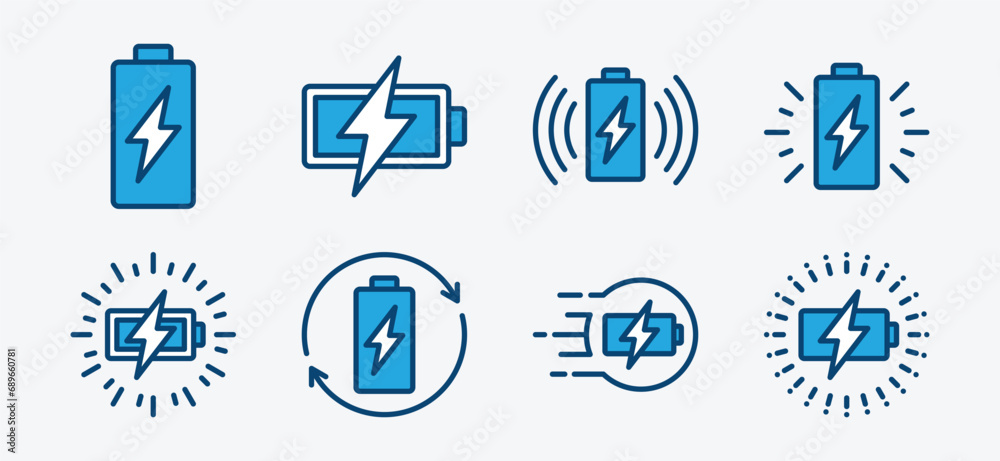 Charging icon set. Battery charge, charger, recharge icons symbol ...