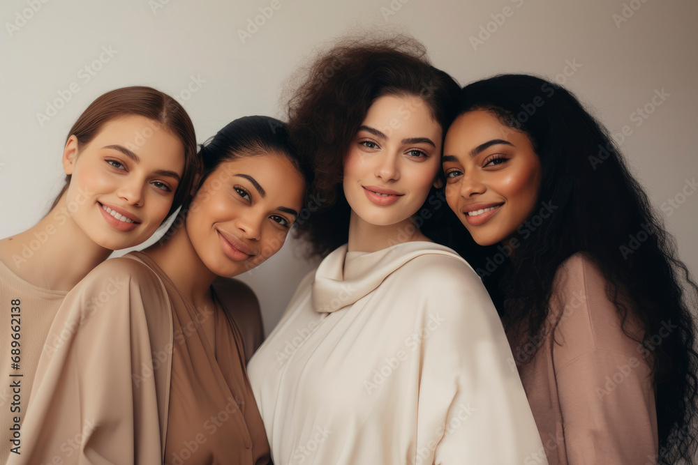 Four beautiful girls models of different races and appearances in beige ...