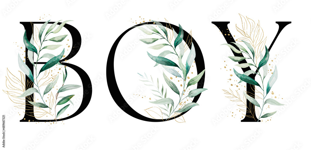 Word BOY made with Black letters with green watercolor leaves, isolated ...