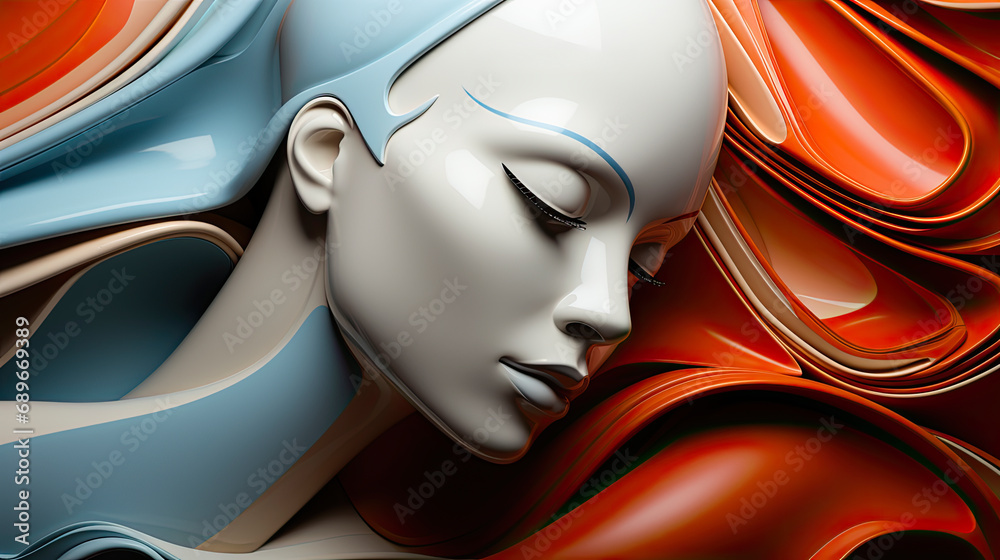 The image presents a striking rendering of a human-like face seamlessly ...