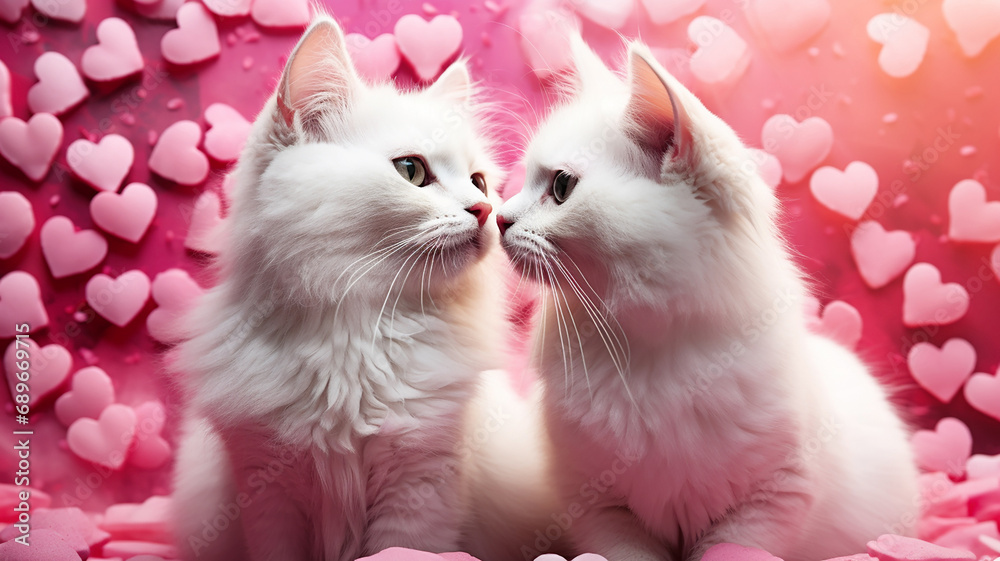 Two White Fluffy Lovesick Cats Are Sitting Next To Each Other On A Pink