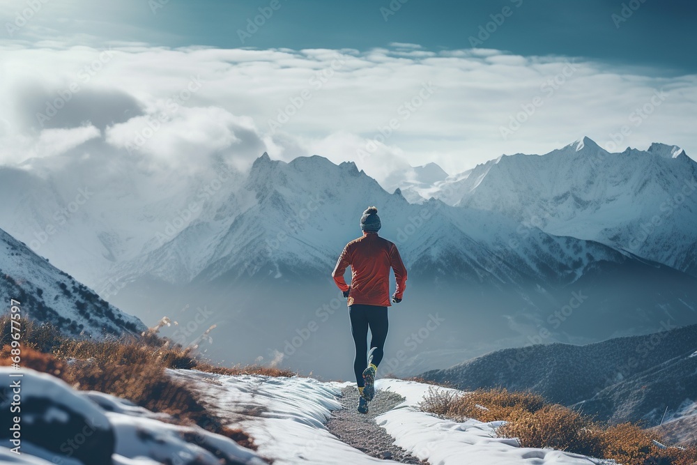 Runner in an orange jacket and black shorts from behind, running on a ...
