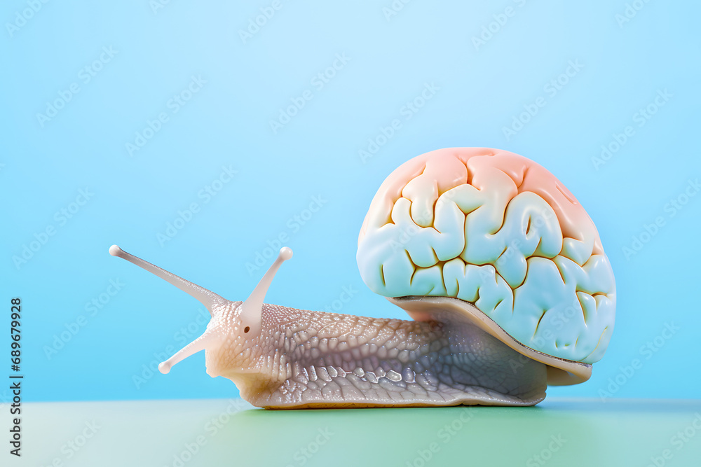 Snail with human brain isolated on pastel blue green background. The ...