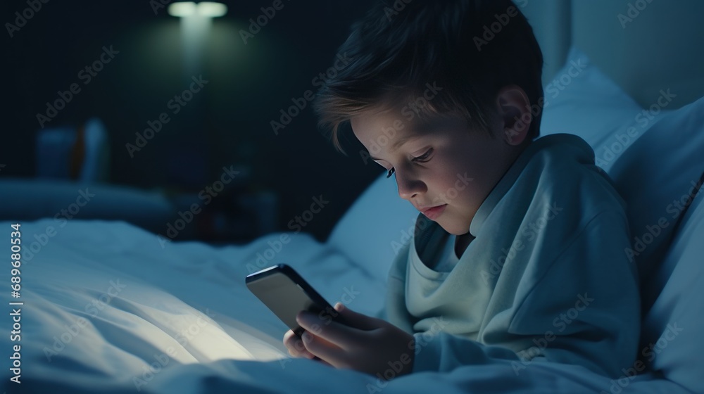 Child using smartphone at night. Gadget addicted child. Kid boy lying ...