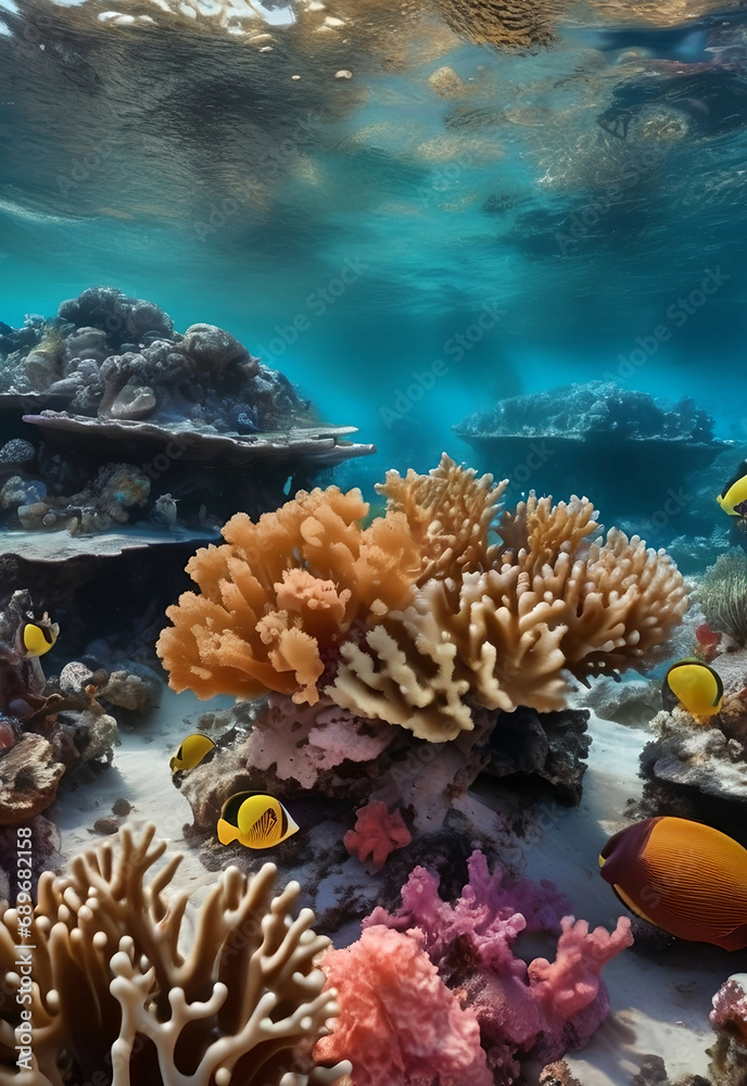Foto de Beautiful underwater scenery with various types of fish and ...