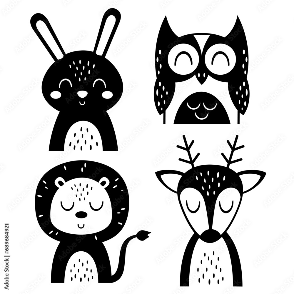 Black and white animals clipart in cartoon flat style. Cute woodland ...